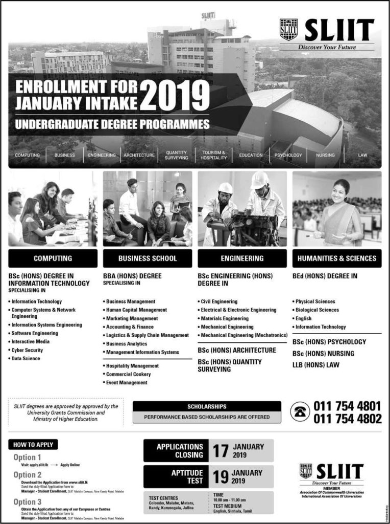 Enrollment for January intake 2019 – English | SLIIT