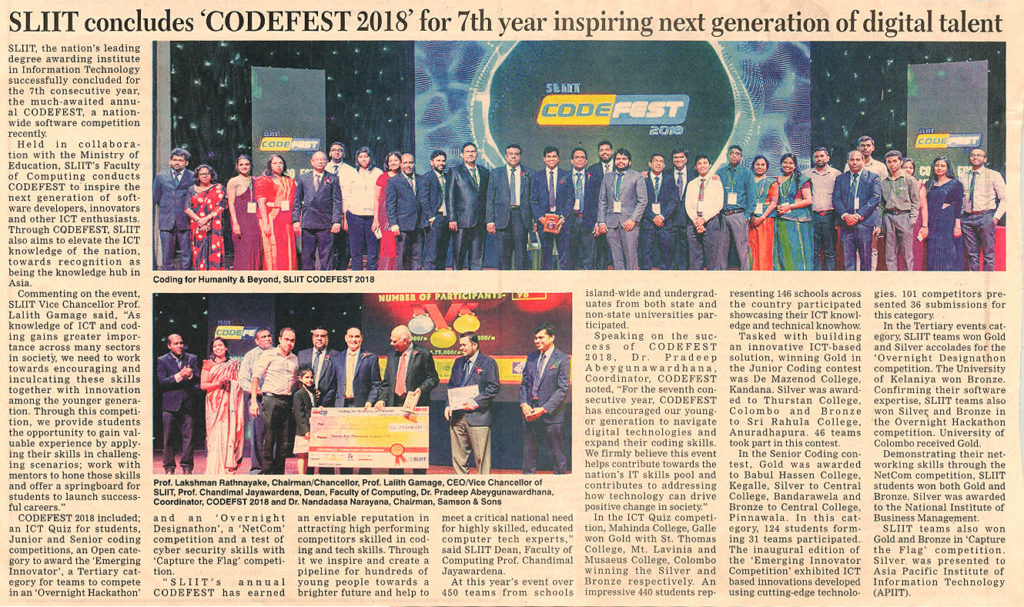 SLIIT Concludes 'CODEFEST 2018' for 7th Year Inspiring Next Generation of Digital Talent – Daily ...