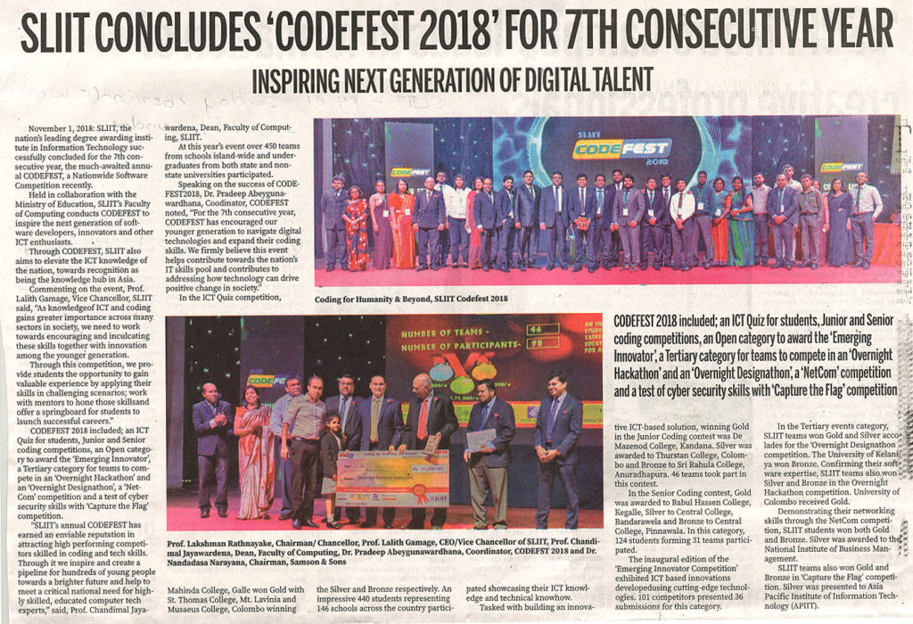 SLIIT Concludes 'CODEFEST 2018' for 7th Consecutive Year – Inspiring Next Generation of Digital ...