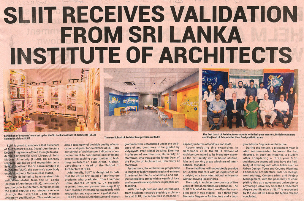 SLIIT Receives Validation from Sri Lanka Institute of Architects ...