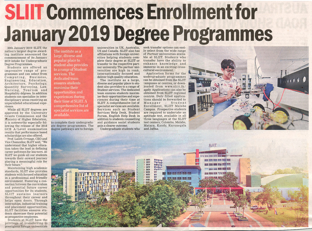 SLIIT Commences Enrollment for 2019 Degree Programs – SundayTimes (03 ...