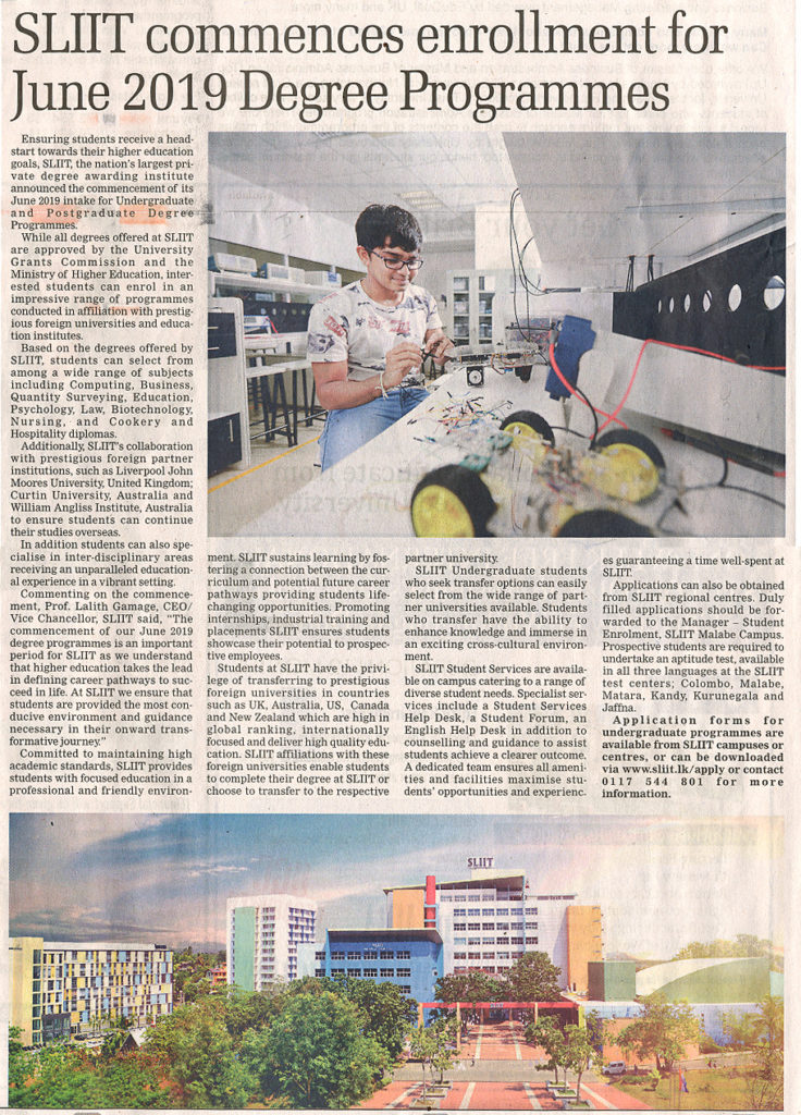 SLIIT Commences Enrollment for June 2019 Degree Programs – Sunday Times ...