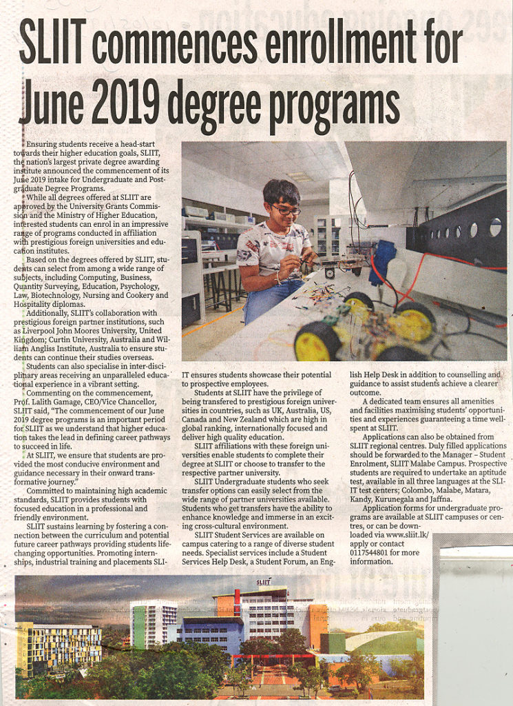SLIIT Commences Enrollment for June 2019 Degree Programs – Sunday ...