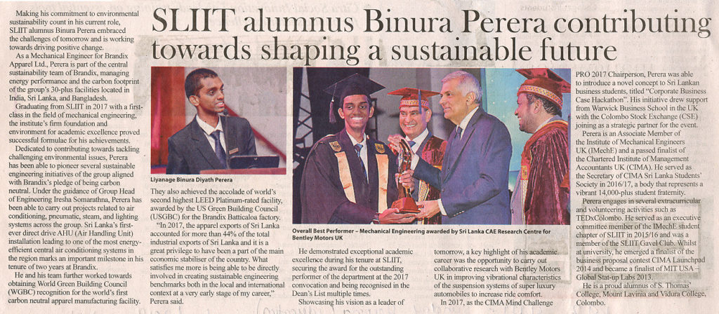 SLIIT Alumni Binura Perera Contributing towards Sustainable Future – Daily FT (18-07-2019) | SLIIT