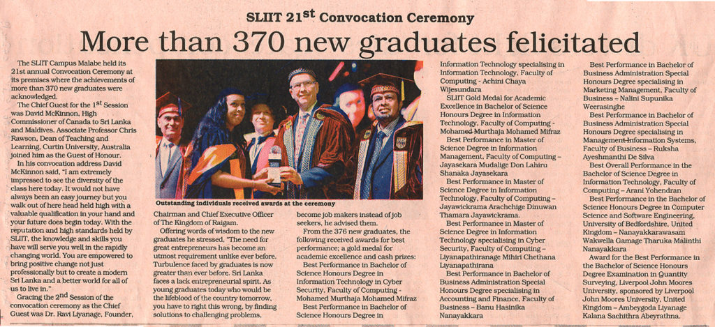 SLIIT 21st Convocation Ceremony – More than 370 New Graduates Felicited ...
