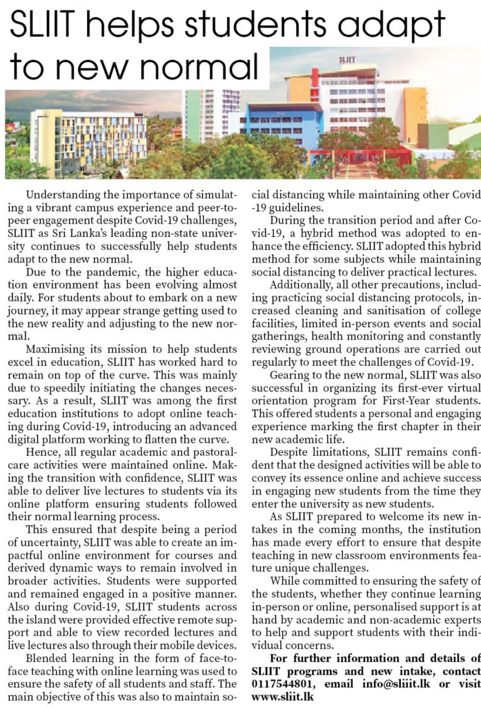SLIIT Helps Students Adapt to New Normal – Sunday Observer (11.10.2020 ...