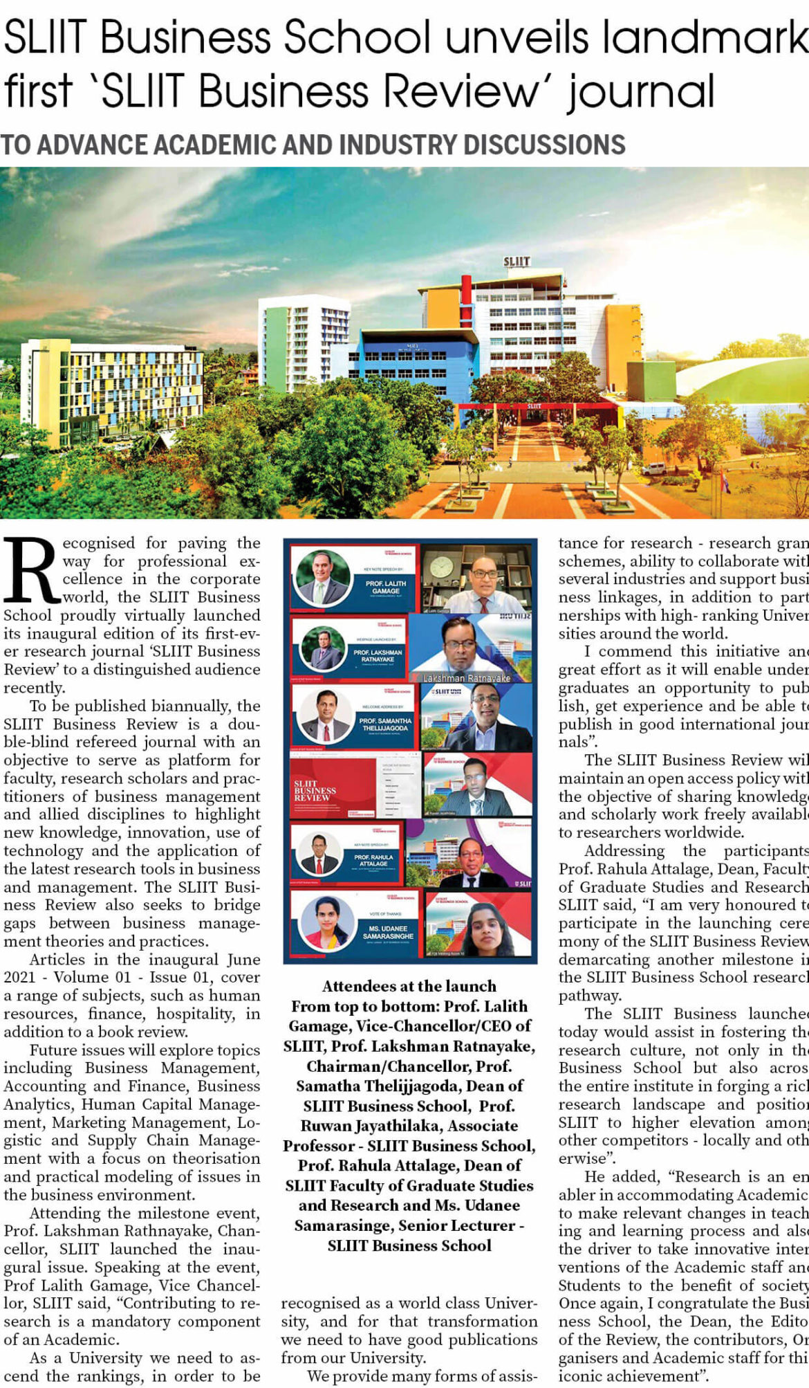 SLIIT Business School unveils landmark first 'SLIIT Business Review ...