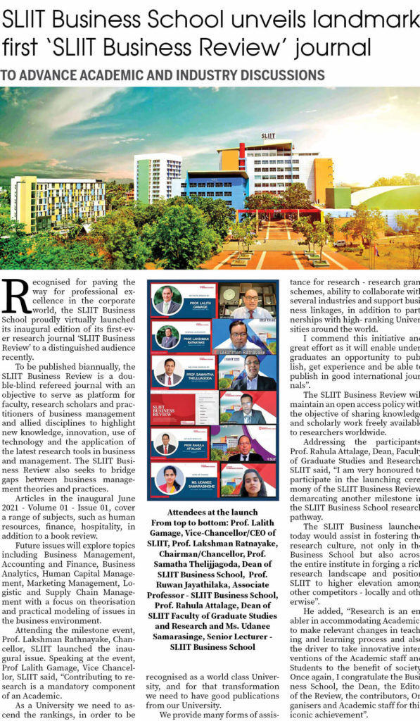 SLIIT Business School unveils landmark first 'SLIIT Business Review ...