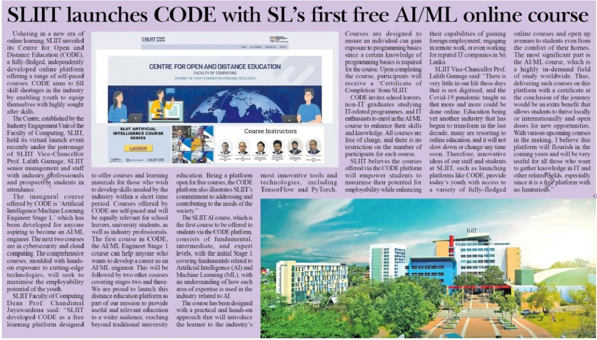 SLIIT launches CODE with SL's first free AI/ML online course – Sunday ...