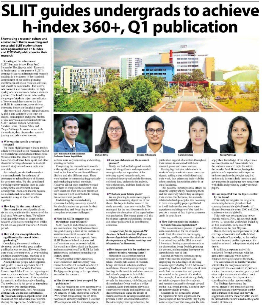 SLIIT guides undergrads to achieve h-index 360+, Q1 publication ...