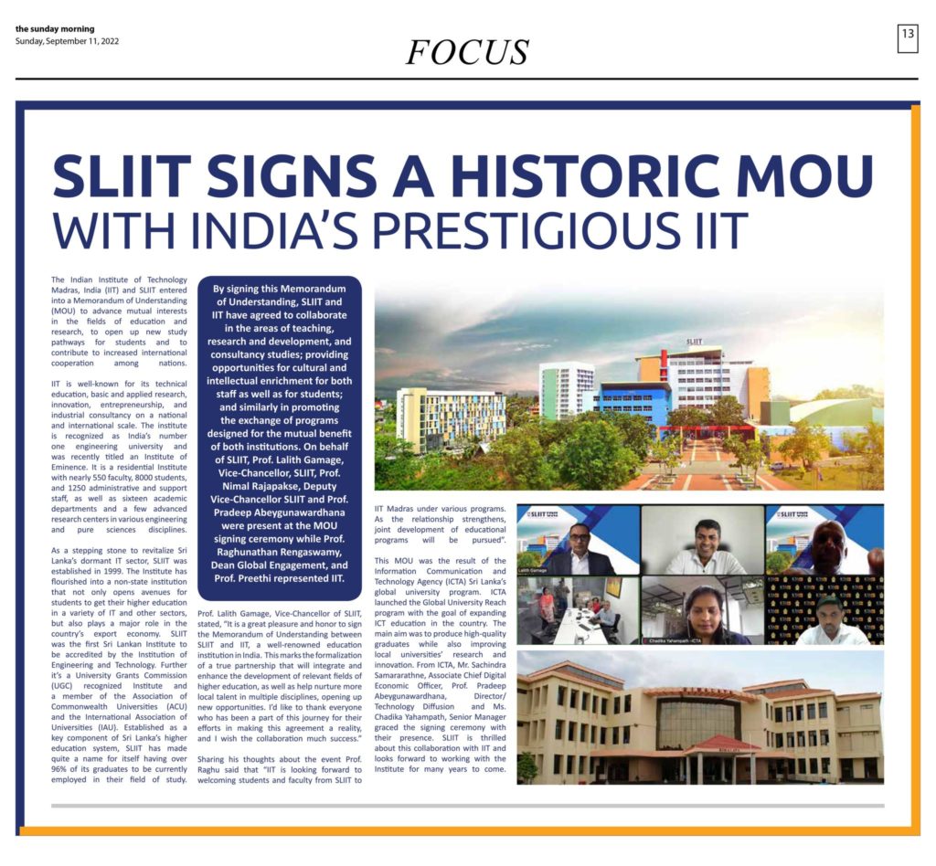 SLIIT Signs a Historic MoU with India's prestigious IIT – Sunday ...