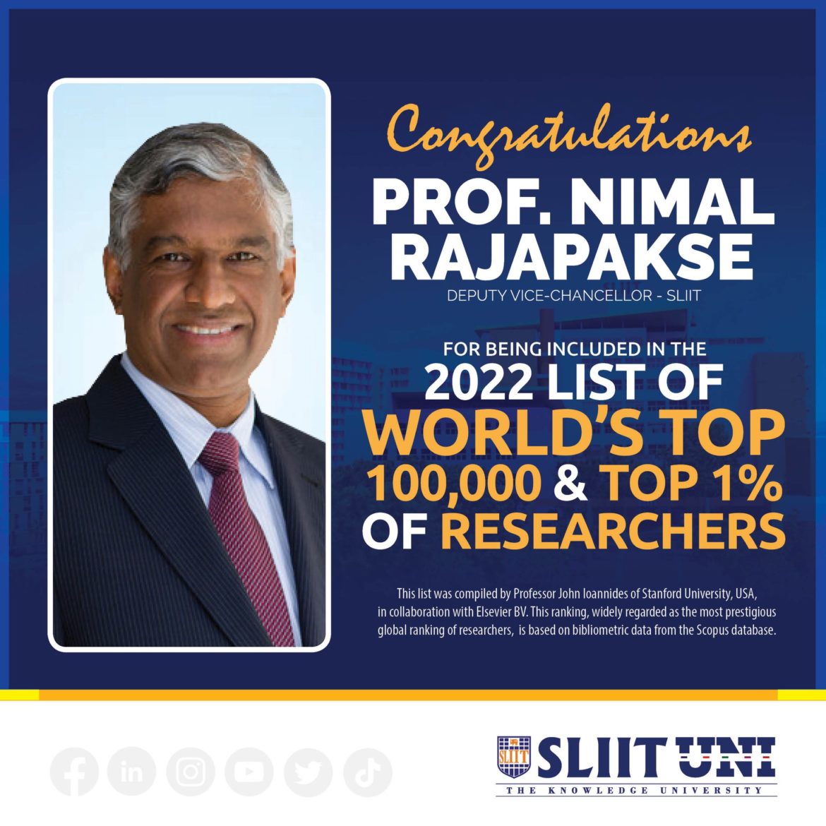 The 2022 List of the World's Top 100,000 and Top 1% of Researchers | SLIIT