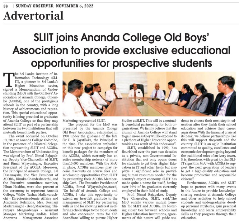 SLIIT joins Ananda College Old Boys' Association to provide exclusive ...
