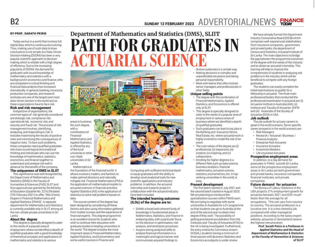 Department of Mathematics & Statistics, SLIIT – Path for Graduates in ...