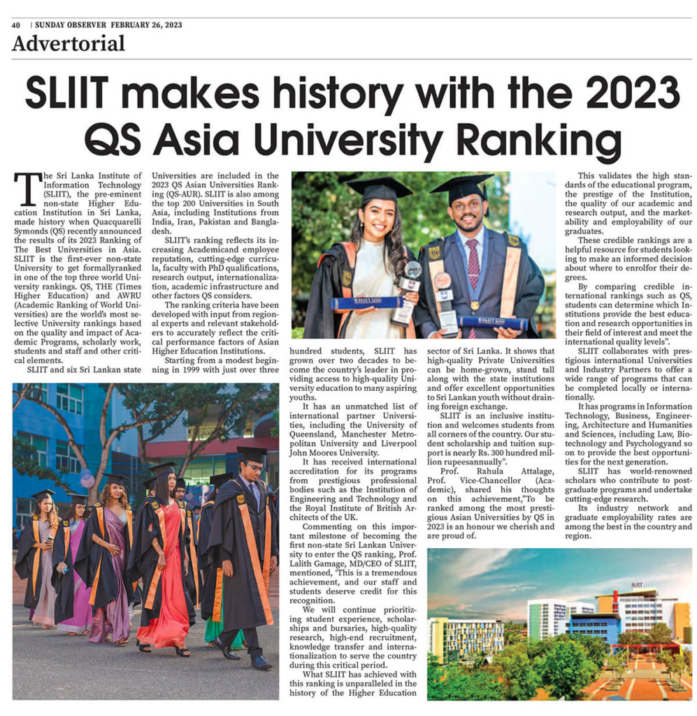 SLIIT makes History with 2023 QS Asia University Ranking – Sunday Observer | SLIIT