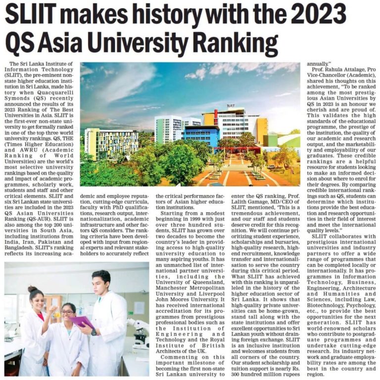 Sunday Times – SLIIT makes history with the 2023 QS Asia University ...
