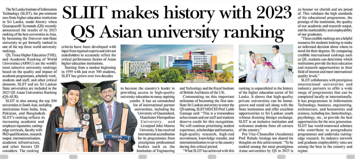 The Morning – SLIIT makes history with 2023 QS Asian university ranking ...
