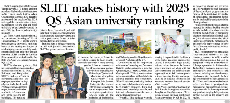 The Morning – SLIIT makes history with 2023 QS Asian university ranking ...