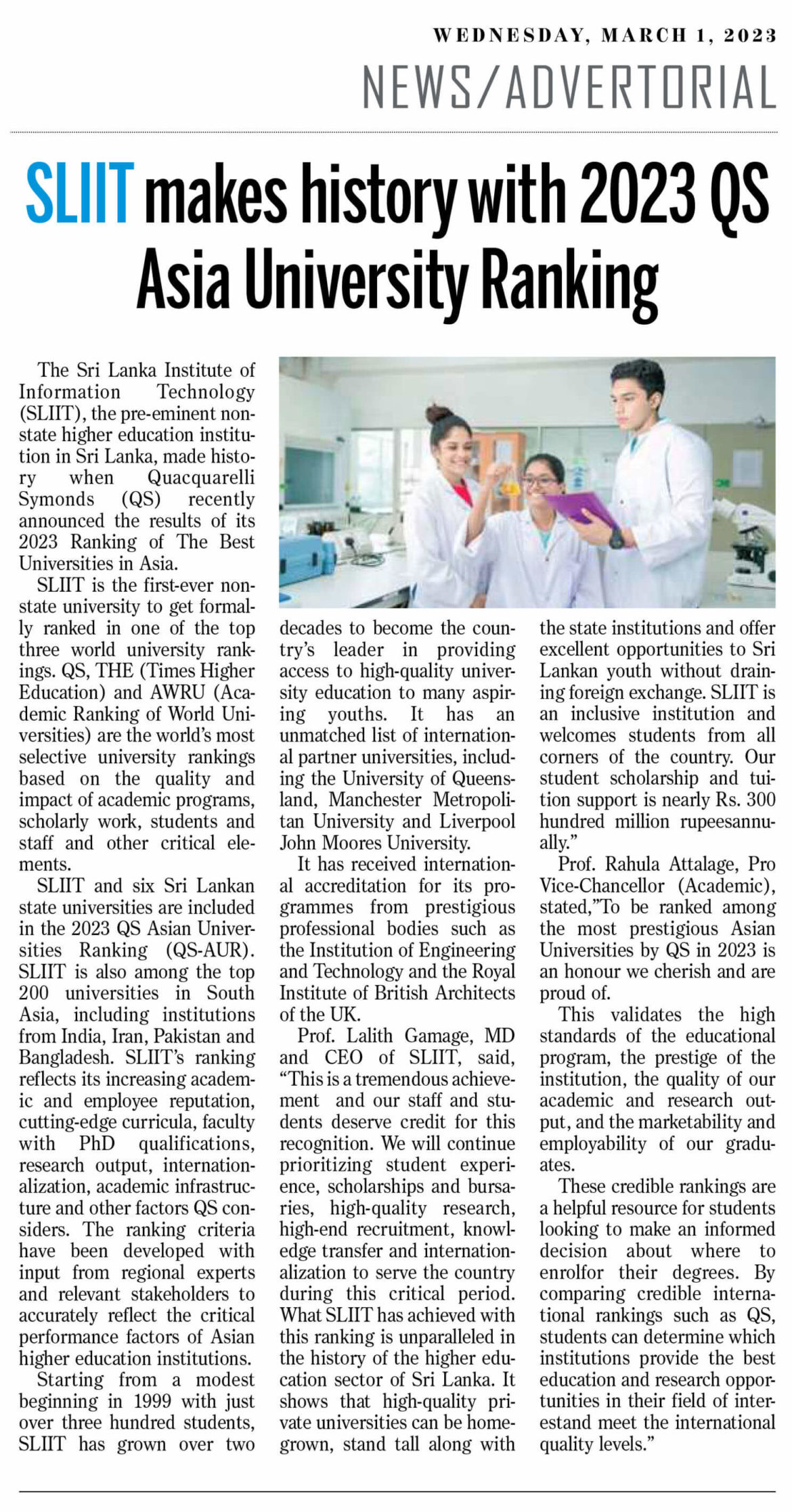 Daily News – 01.03.23 – SLIIT makes history with 2023 QS Asia University Ranking | SLIIT
