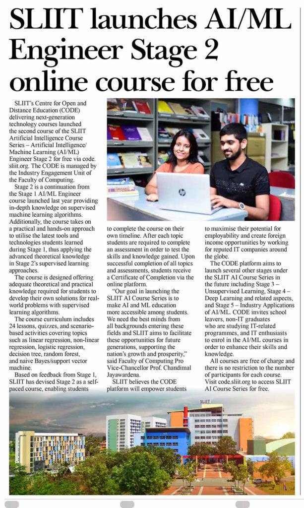 SLIIT launches AI/ML Engineer stage 2 online course for free – The ...