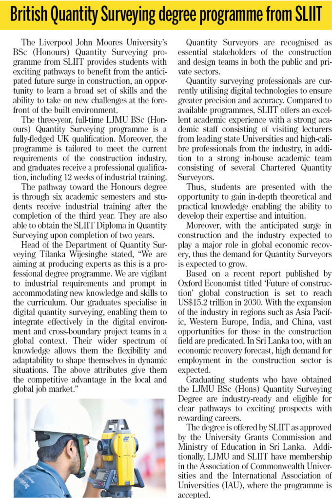 SLIIT – Daily News (British Quantity Surveying Degree Programme from ...