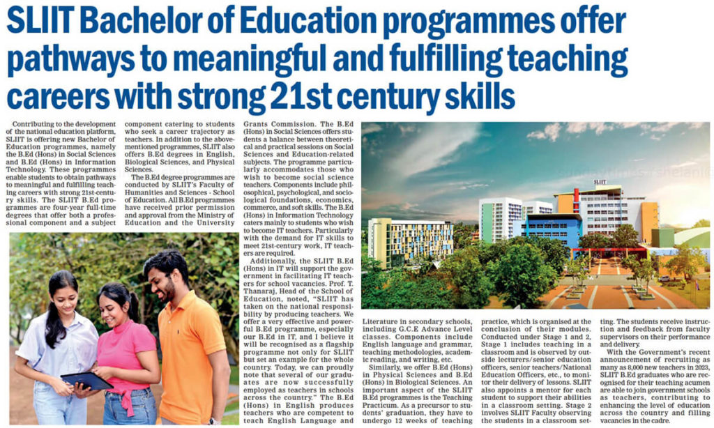 Sunday Times : 23.04.23 – SLIIT Bachelor of Education programmes offer pathways to meaningful ...