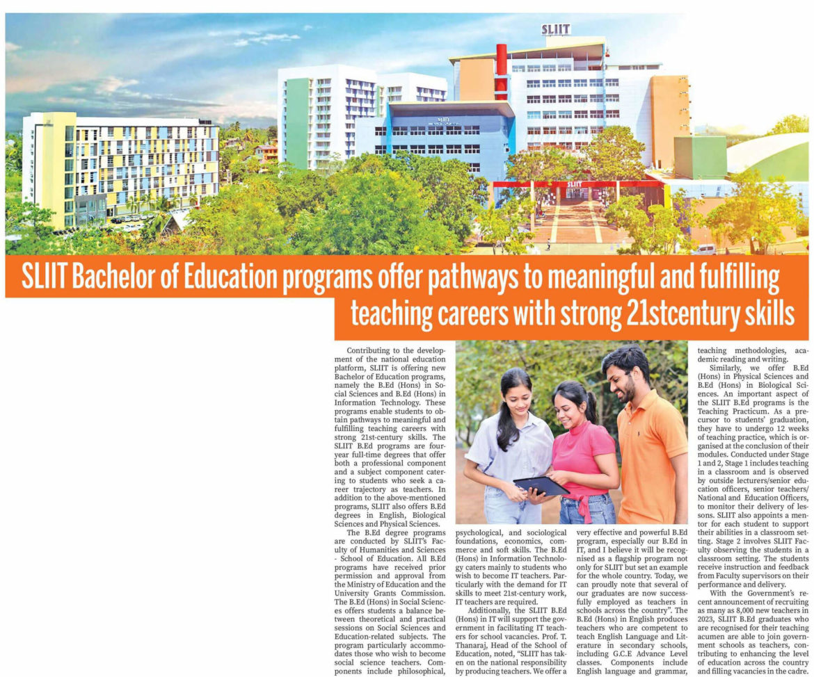 Sunday Observer: 23.04.23 – SLIIT Bachelor of Education programmes ...