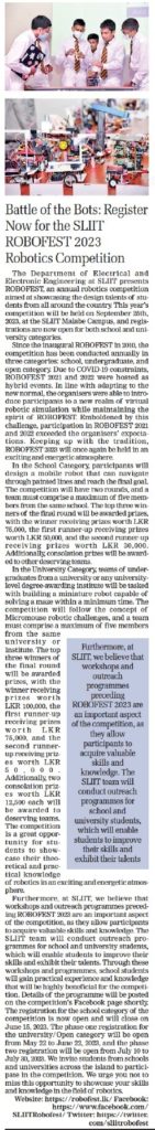 Sunday Times : 14.05.23:Battle of the Bots: Register Now for the SLIIT ROBOFEST 2023 Robotics ...