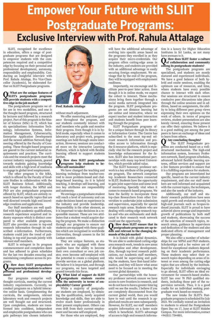 Sunday Observer Empower Your Future with SLIIT Postgraduate Programmes ...
