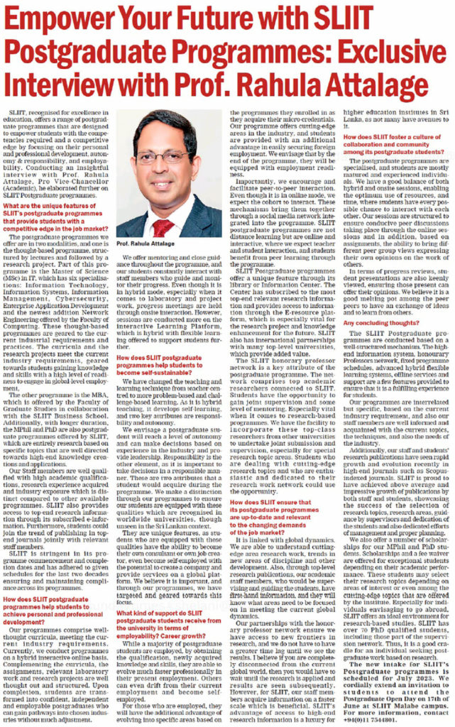 Sunday Times Empower Your Future with SLIIT Postgraduate Programmes ...