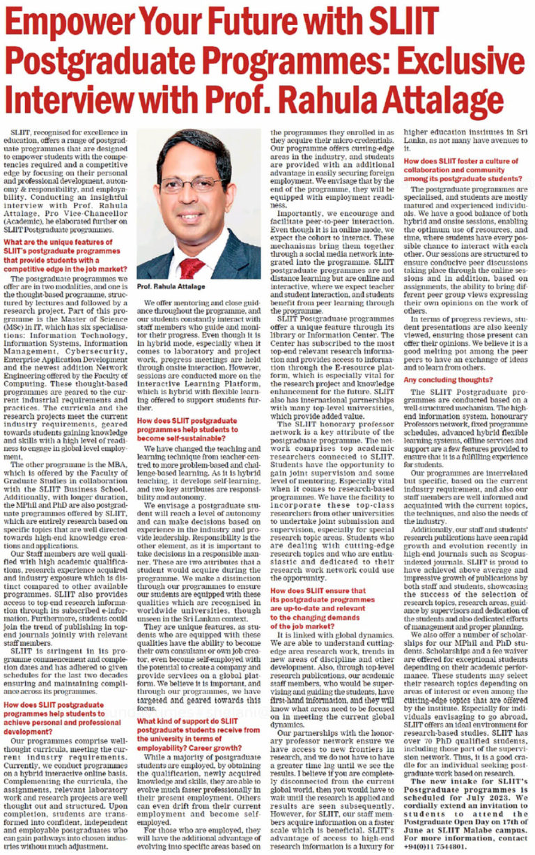 Sunday Times Empower Your Future with SLIIT Postgraduate Programmes ...