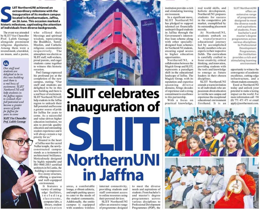 The Morning : A New Chapter Unveils for Higher Education in North as SLIIT NorthernUNI ...