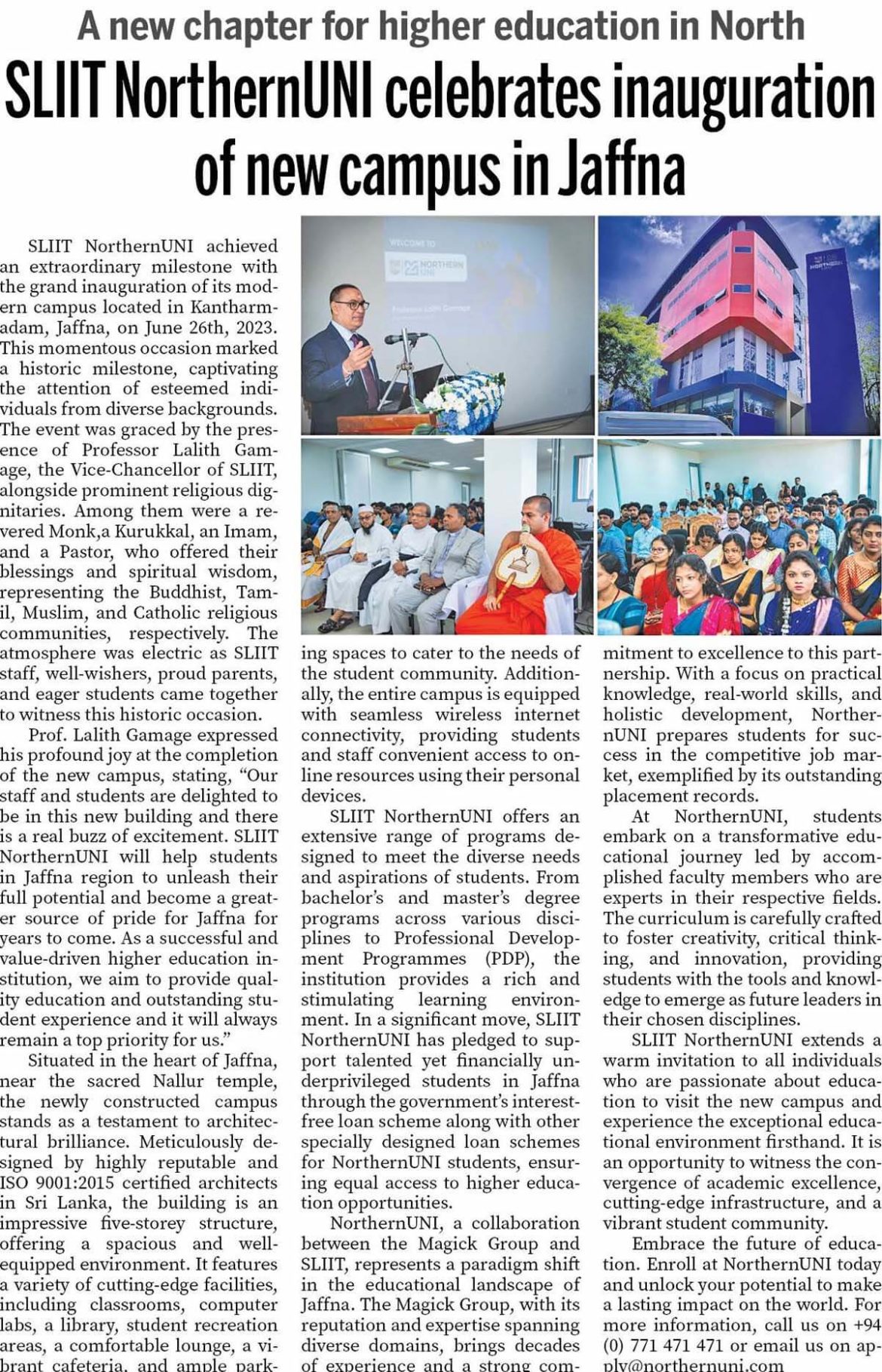 Sunday Observer : A New Chapter Unveils for Higher Education in North as SLIIT NorthernUNI ...