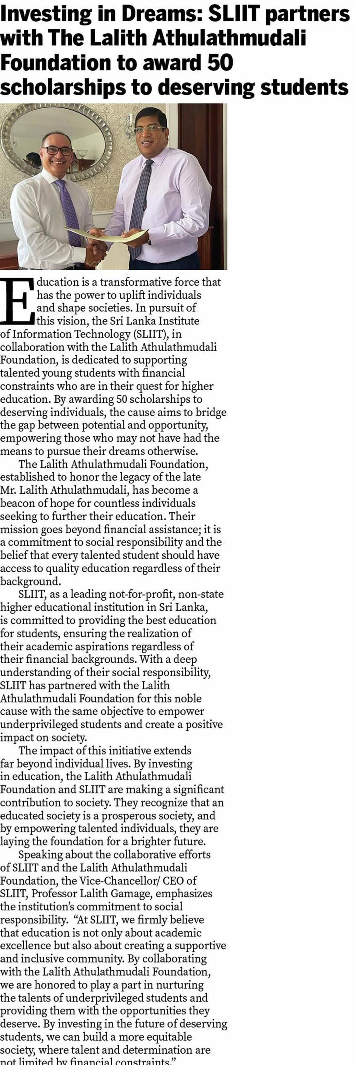SLIIT – Sunday Observer : Investing in Dreams : SLIIT partners with The ...