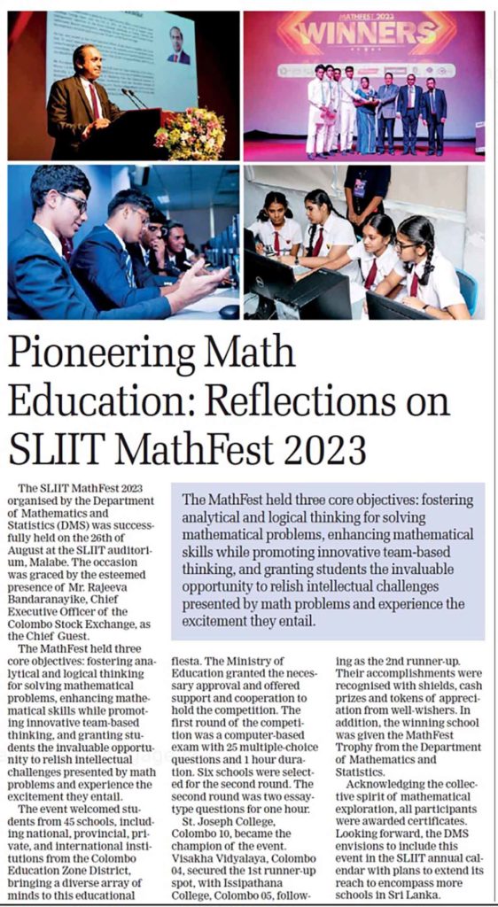 SLIIT – Sunday Times: pioneering math education: Reflections on SLIIT MATHFEST 2023 | SLIIT