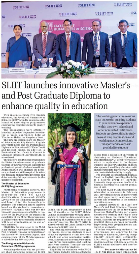 SLIIT – Sunday Times : SLIIT launches innovative Master's and Post ...