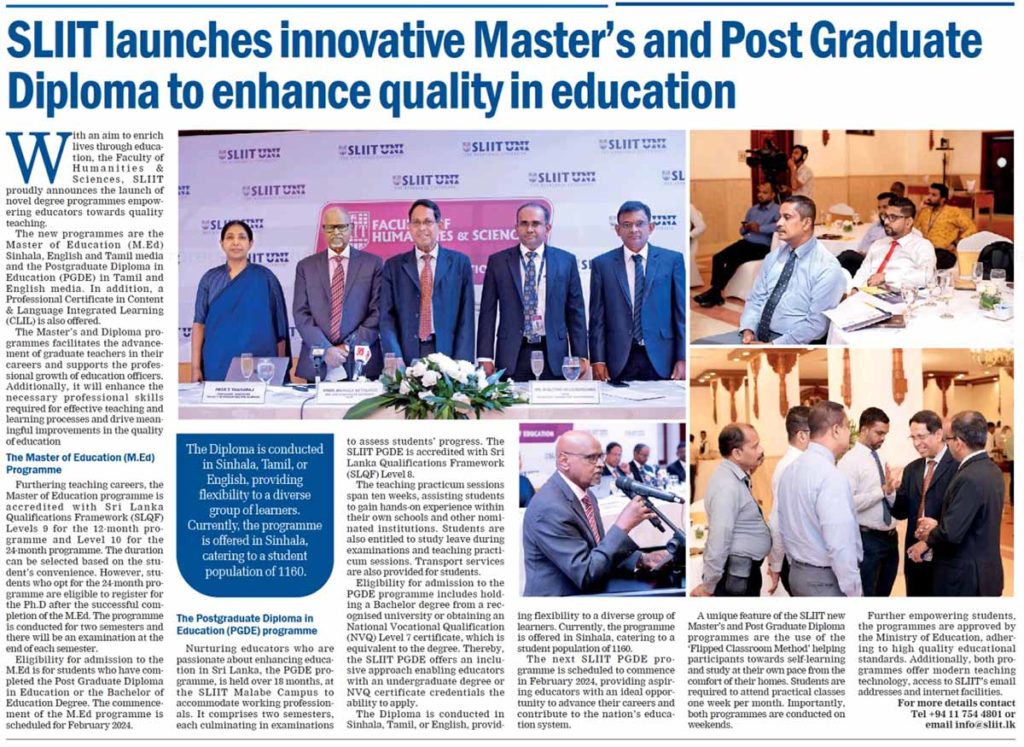 SLIIT – Sunday Times : SLIIT launches innovative Master's and Post ...
