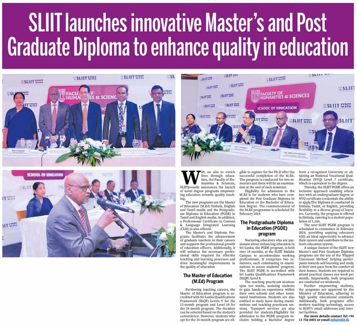 Sunday Observer : SLIIT launches innovative Master's and Post Graduate Diploma to enhance ...