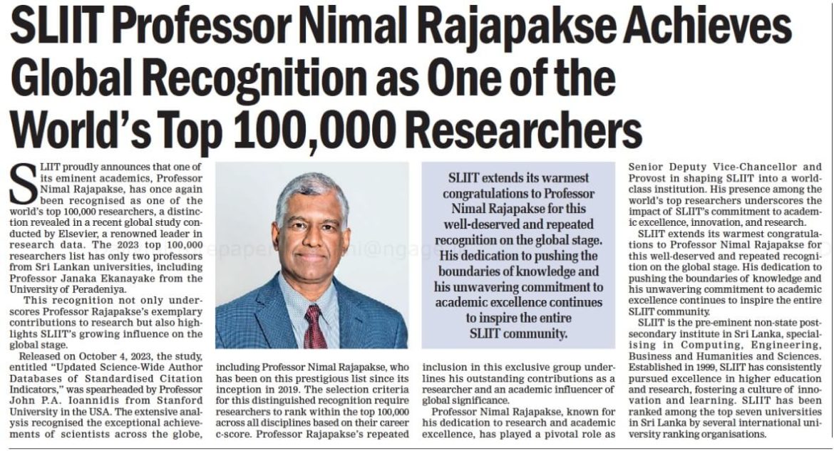 Sunday Times: SLIIT Professor Nimal Rajapakse Achieves Global ...
