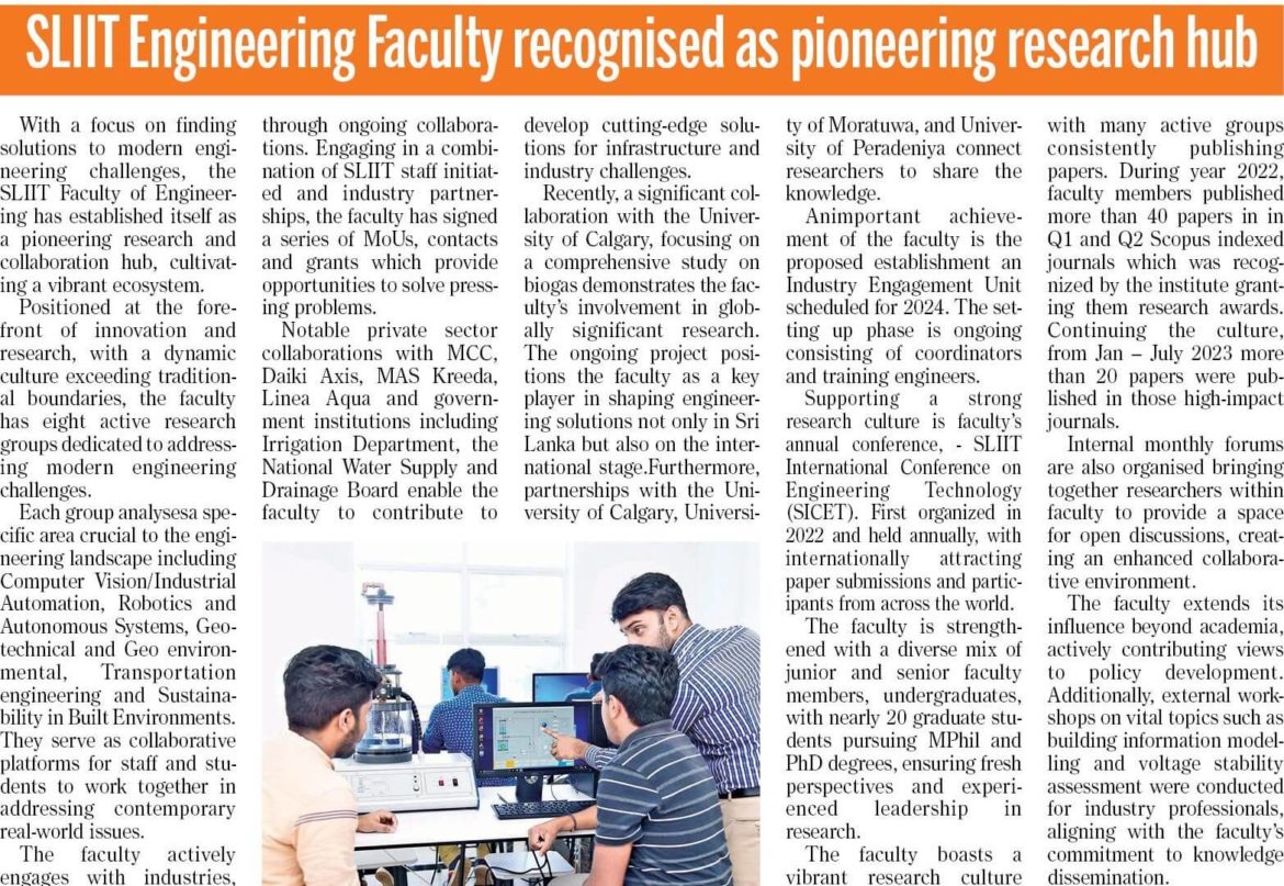 Daily News: SLIIT's Engineering Faculty recognised as hub for ...
