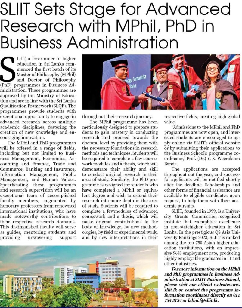 Sunday Observer: SLIIT Sets the Stage for Advanced Research with MPhil ...