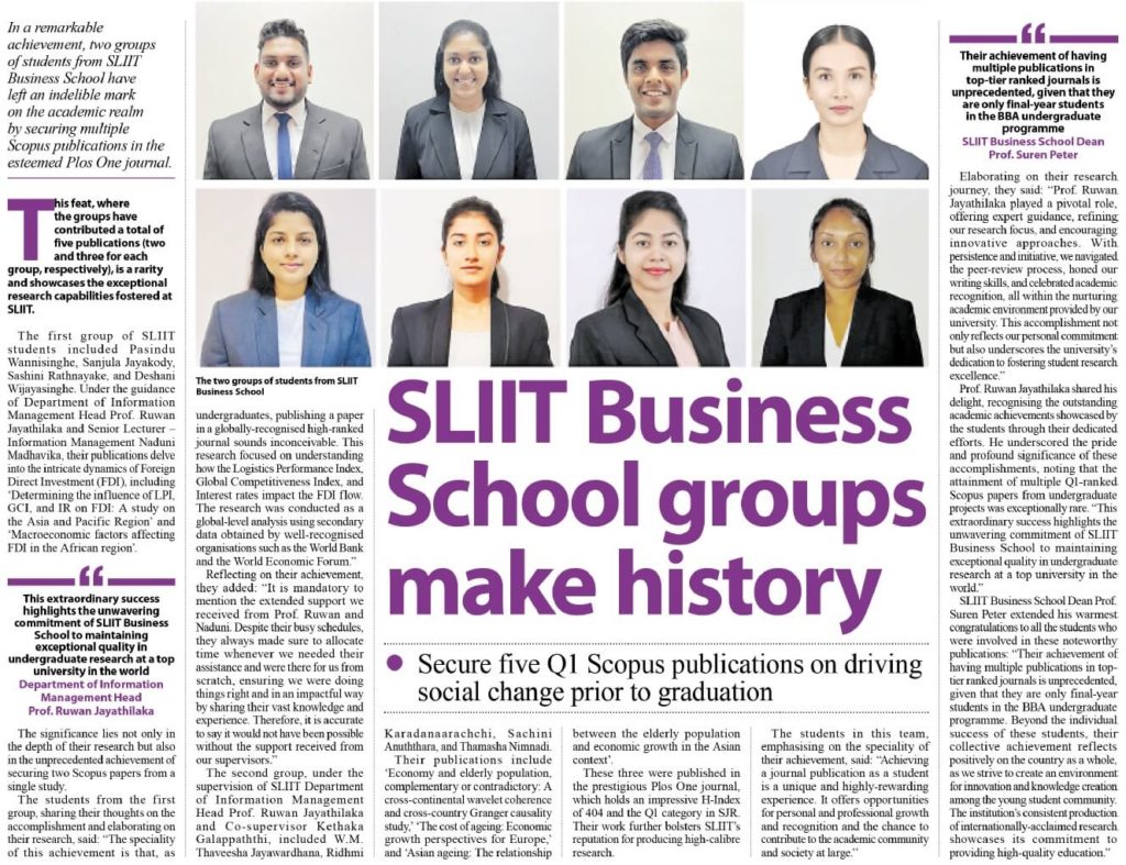 Sunday Morning: Two SLIIT Business School Groups Make History with Five Q1 Scopus Publications ...