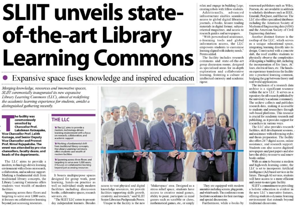 Sunday Morning: SLIIT unveils exquisite new state-of-the-art 'Learning ...