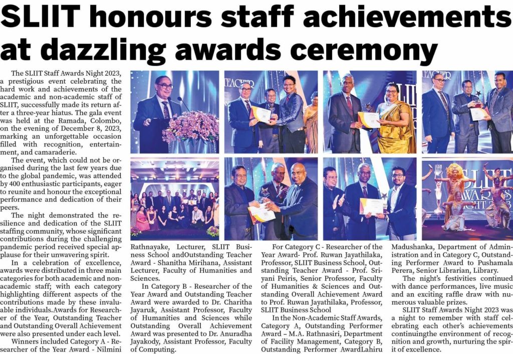 Sunday Observer: SLIIT honours staff achievements in dazzling awards ...