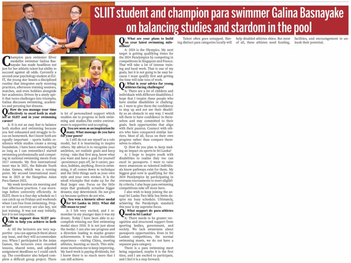 Sunday Observer: SLIIT student and champion para swimmer Galina ...