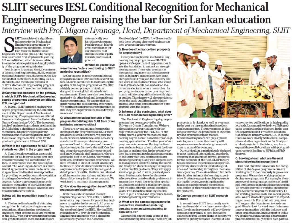 Sunday Times: SLIIT secures IESL Conditional Recognition for Mechanical Engineering Degree ...
