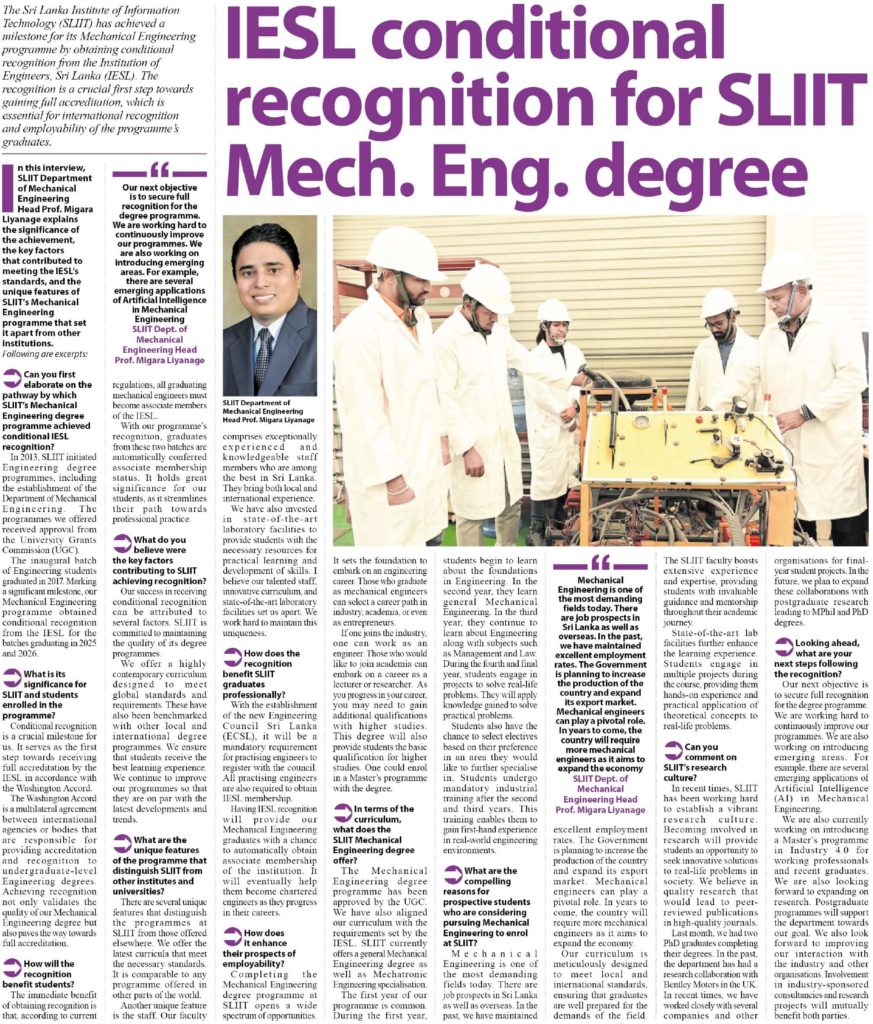 Sunday Times: The Morning: SLIIT secures IESL Conditional Recognition for Mechanical Engineering ...