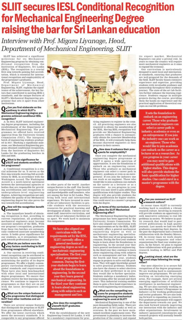 Sunday Times: SLIIT secures IESL Conditional Recognition for Mechanical ...