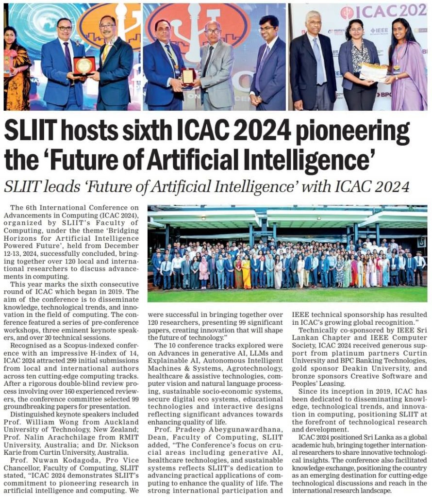 Sunday Times (19.01.2025) SLIIT hosts sixth ICAC 2024 | SLIIT