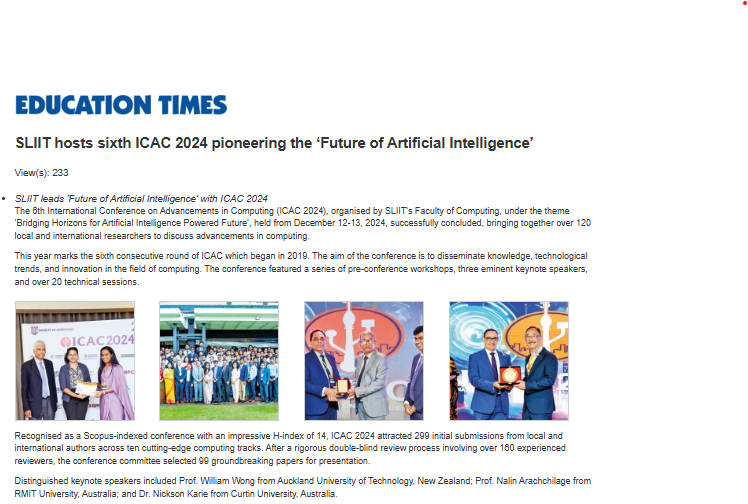 SLIIT hosts sixth ICAC 2024 pioneering the 'Future of Artificial Intelligence' | SLIIT